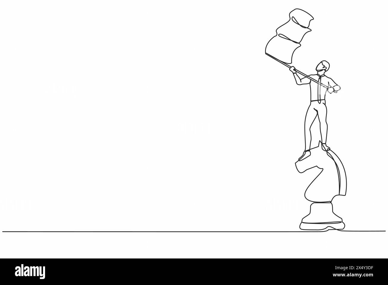 Single continuous line drawing businessman standing on top of big horse ...