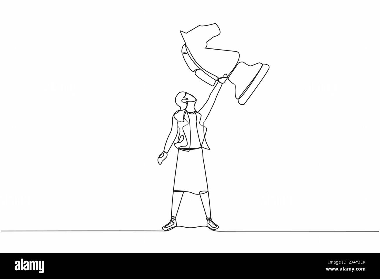 Single one line drawing young businesswoman holding horse chess piece ...