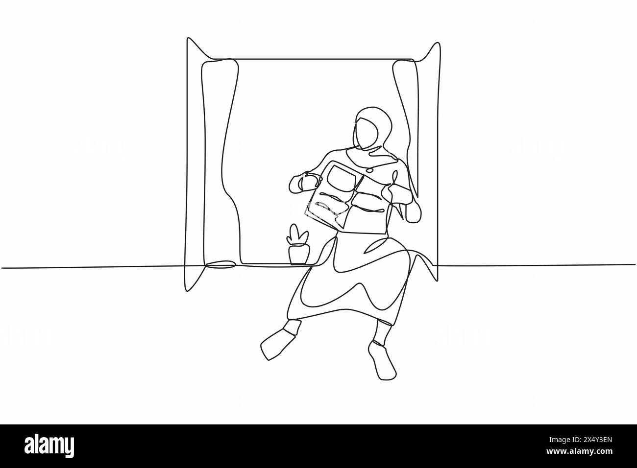 Single continuous line drawing young Arab woman sitting on windowsill ...
