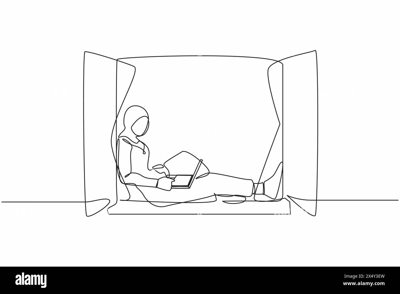 Single continuous line drawing young Arabian woman sitting on ...