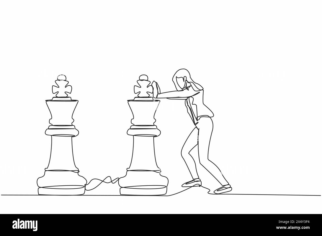 Single continuous line drawing of smart businesswoman push huge king ...