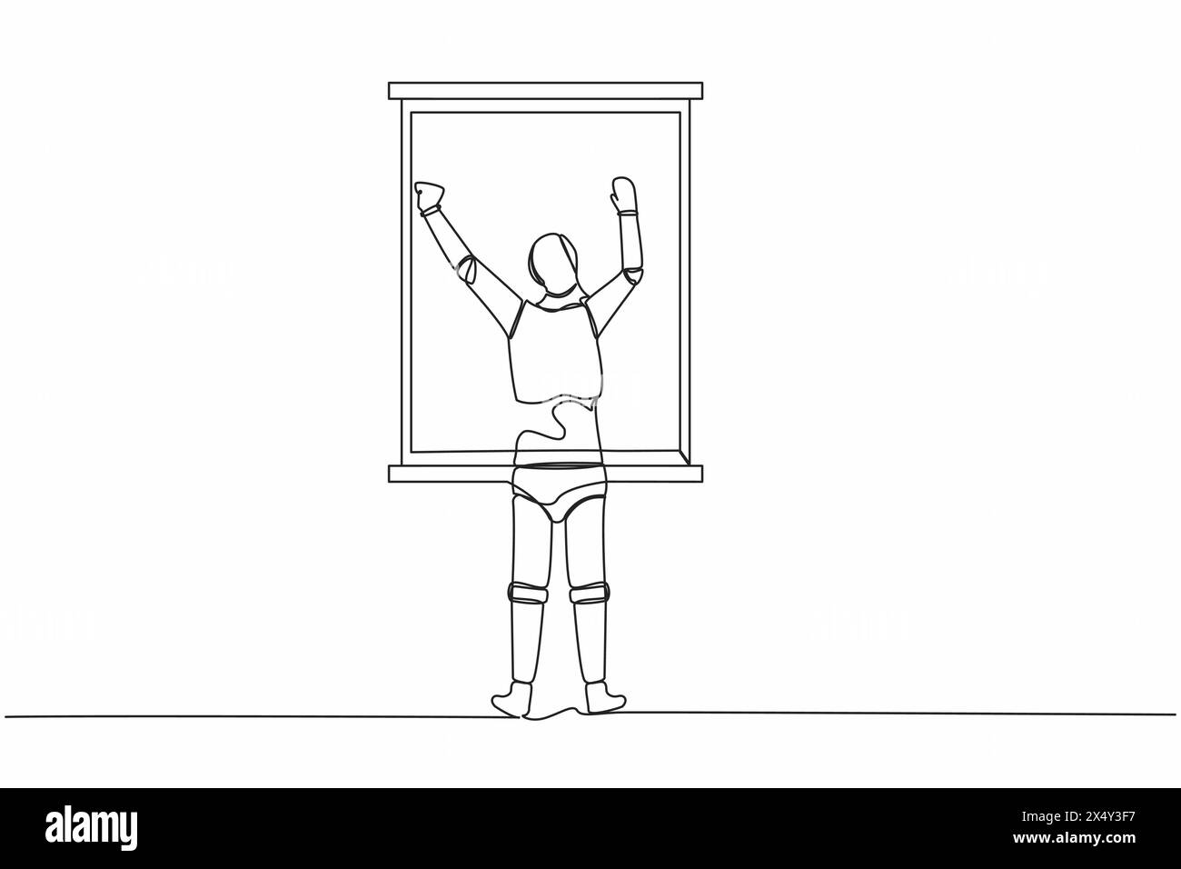 Continuous one line drawing back view relaxed robot stretching arms in ... Continuous one line drawing back view relaxed robot stretching arms in ...