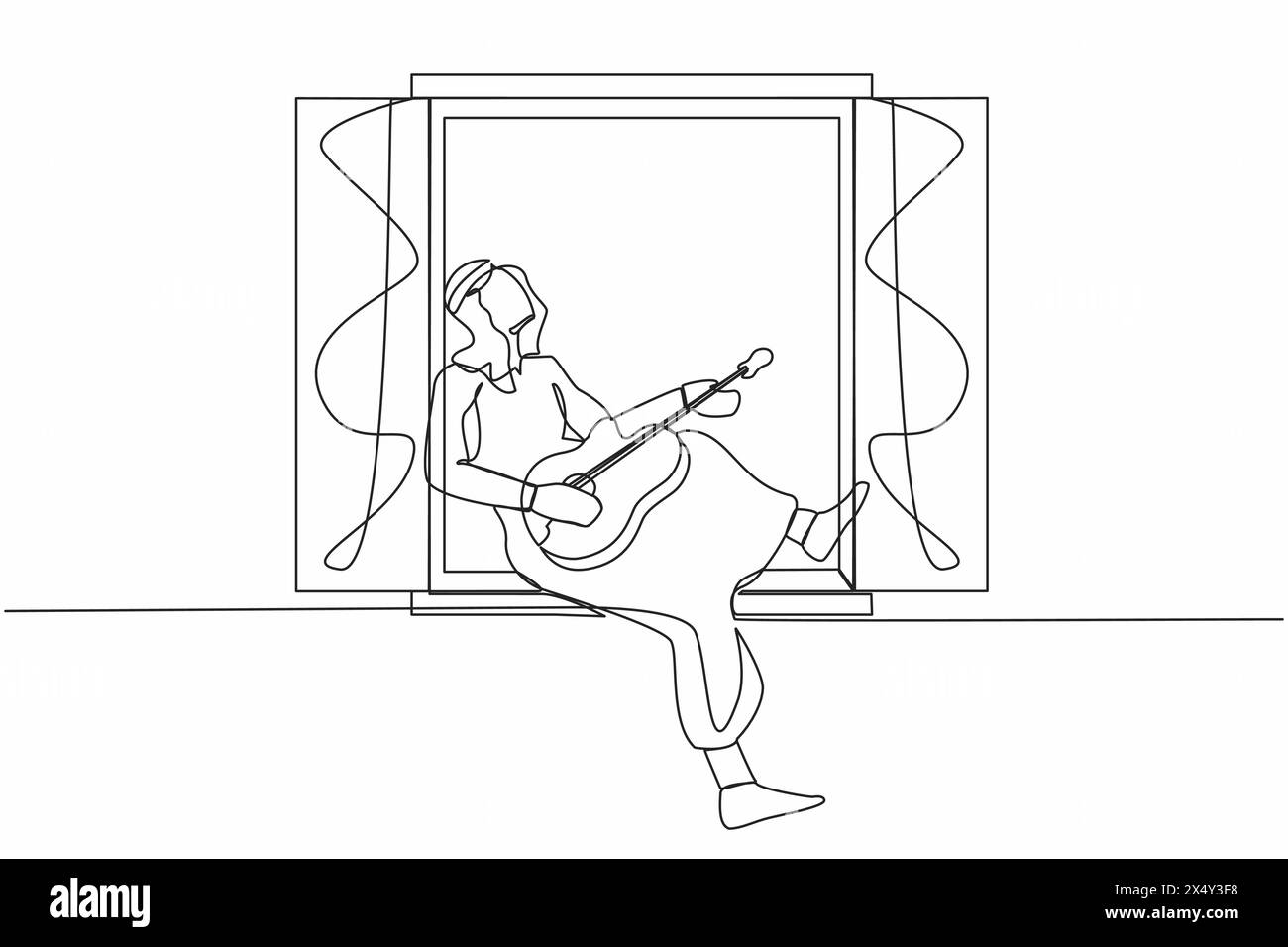 Single continuous line drawing young Arabian man sitting on windowsill ...