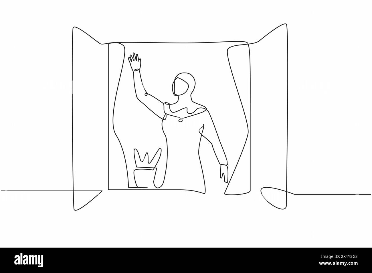 Single continuous line drawing young Arab female waving at window as ...