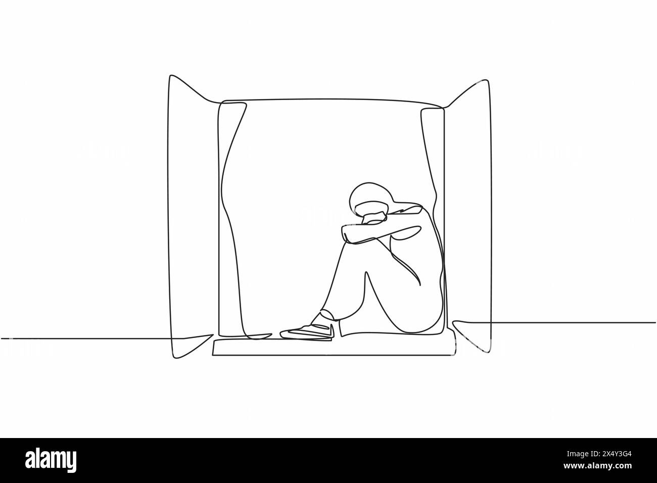 Single one line drawing desperate young Arab woman sitting on ...