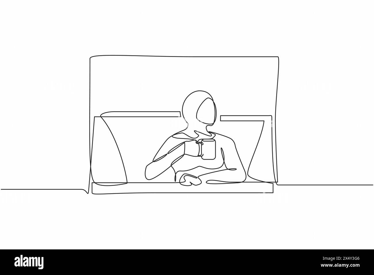 Continuous one line drawing young Arab woman enjoy hot coffee or tea ...