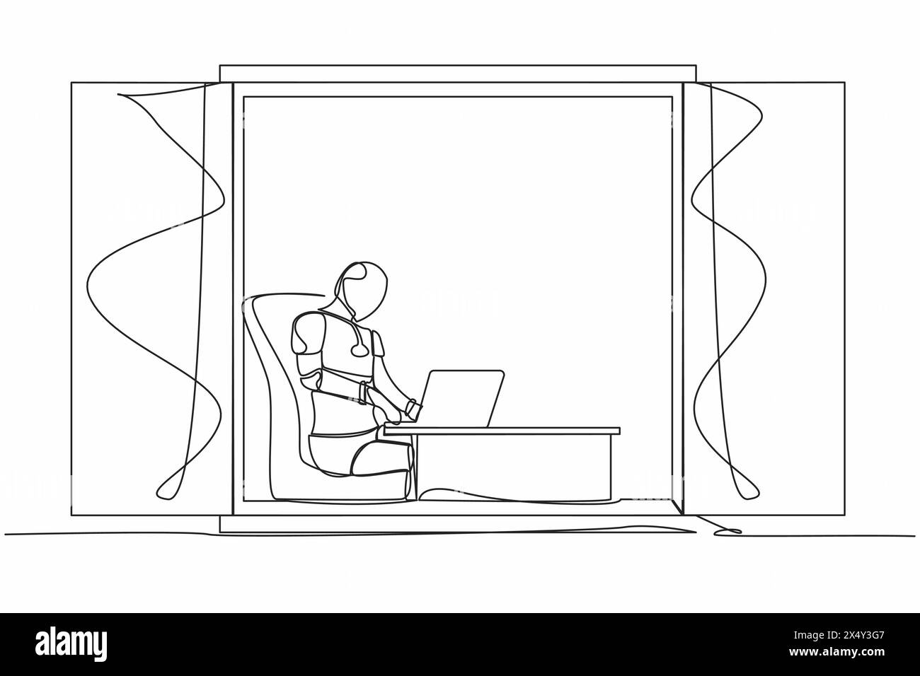 Single continuous line drawing robot sitting at desk and using laptop ...