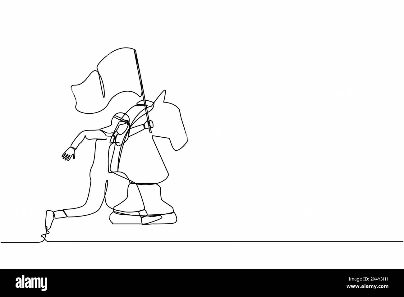 Single continuous line drawing happy Arabian businessman running and ...