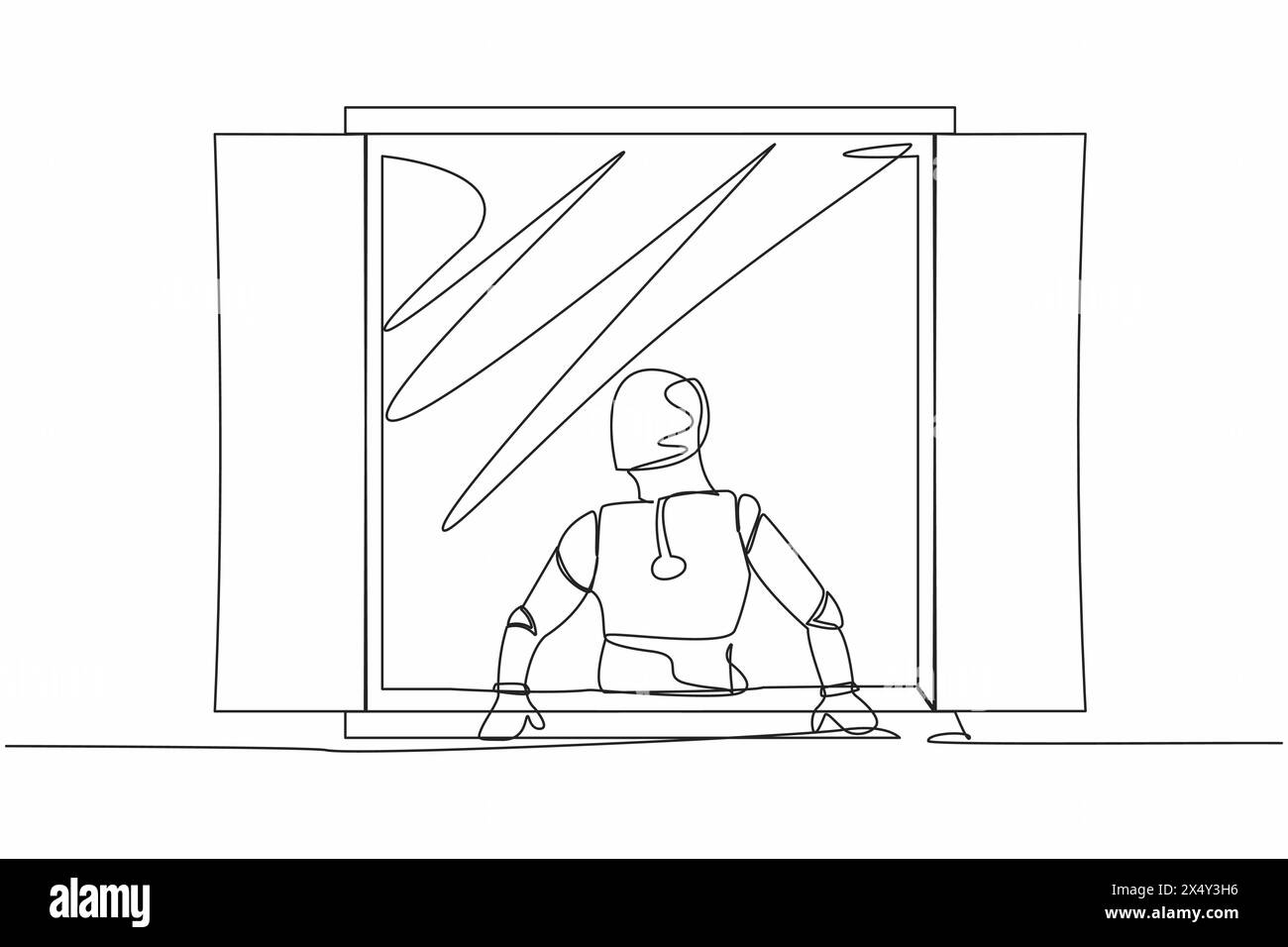 Single one line drawing curious robot looking outside window. Robot ...