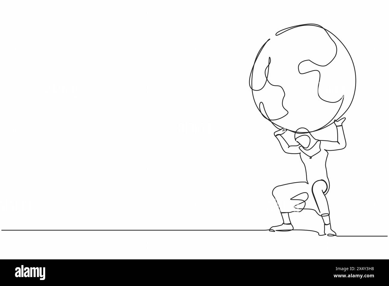 Single continuous line drawing Arab businesswoman carrying heavy globe ...