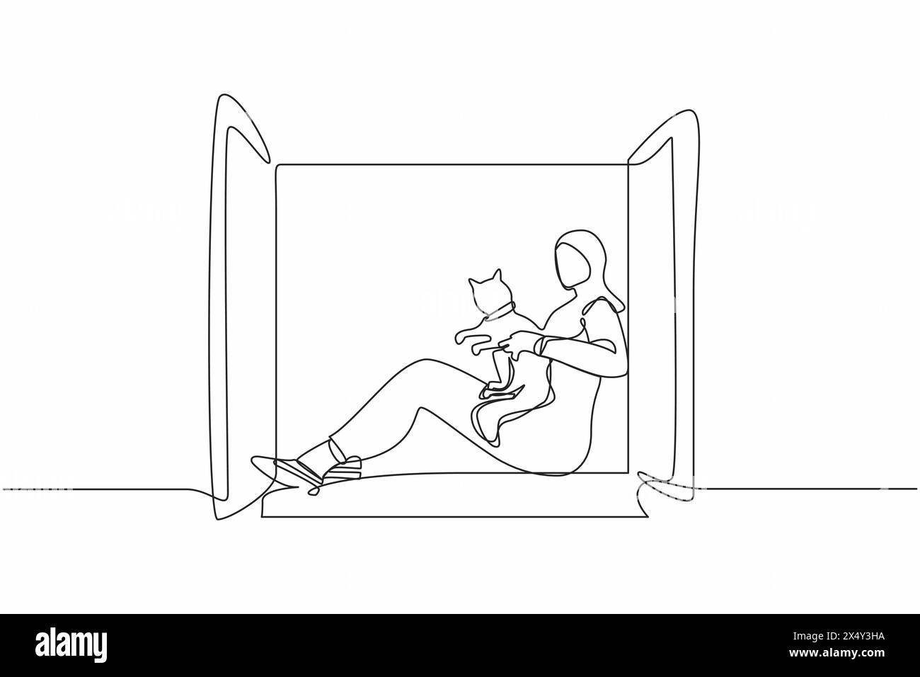 Single one line drawing young Arabian woman sitting on windowsill and ...