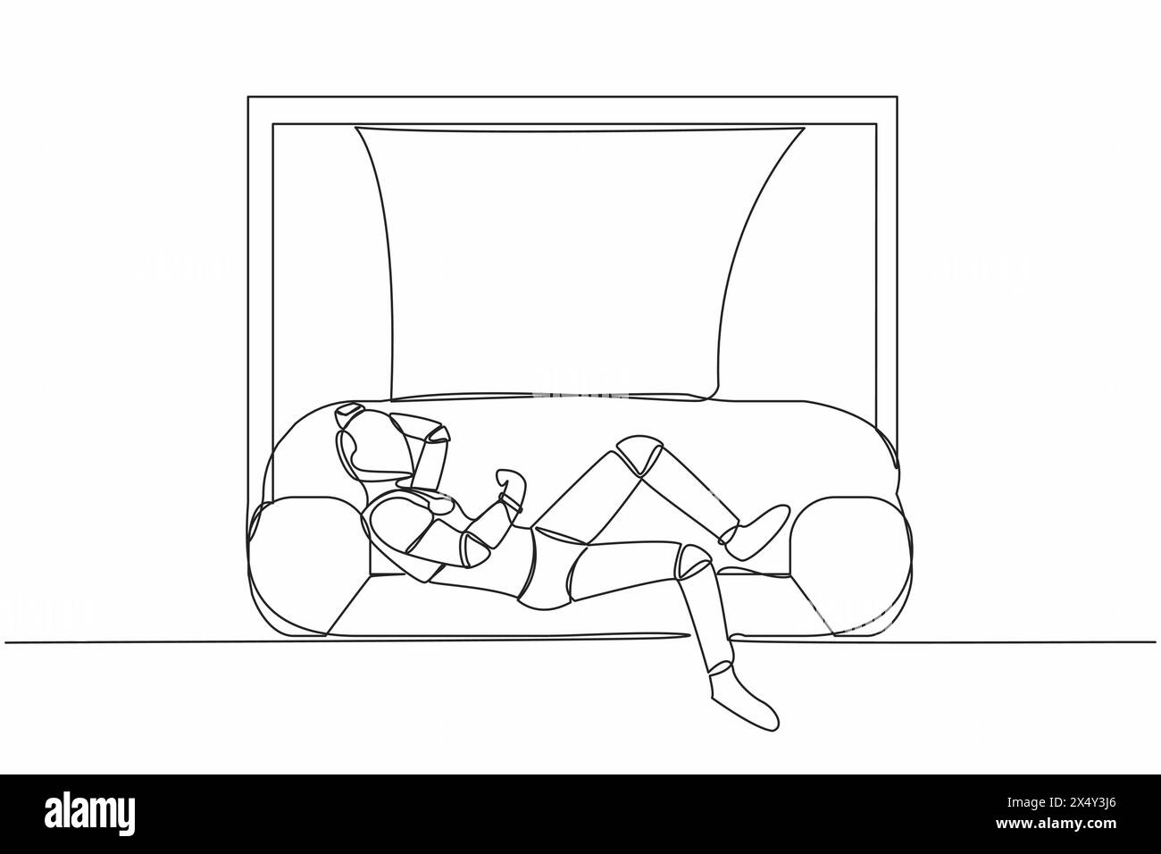 Single one line drawing robot lying on sofa near windowsill at home. Spending time, relaxing ...