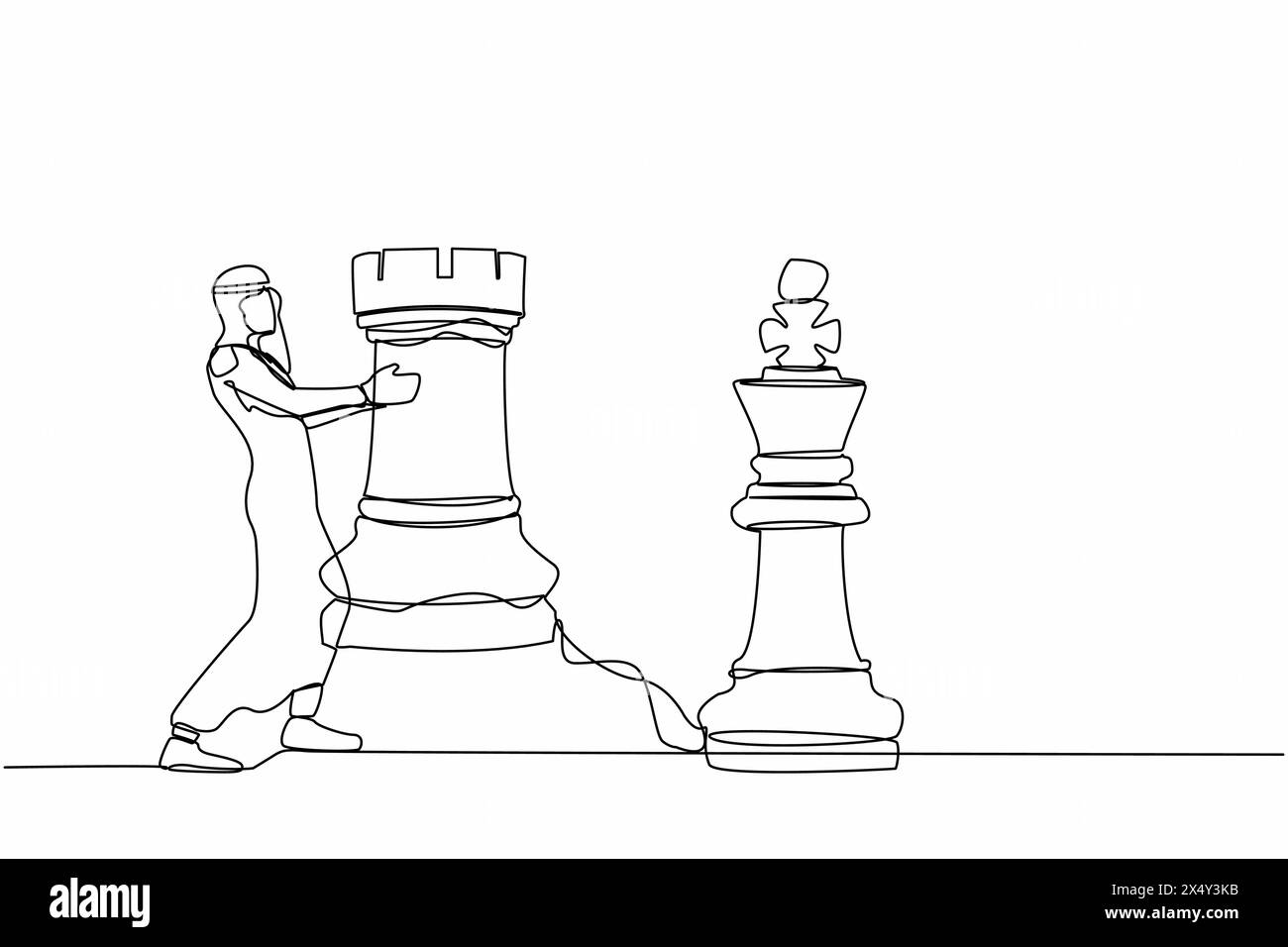 Single continuous line drawing Arab businessman holding rook chess ...