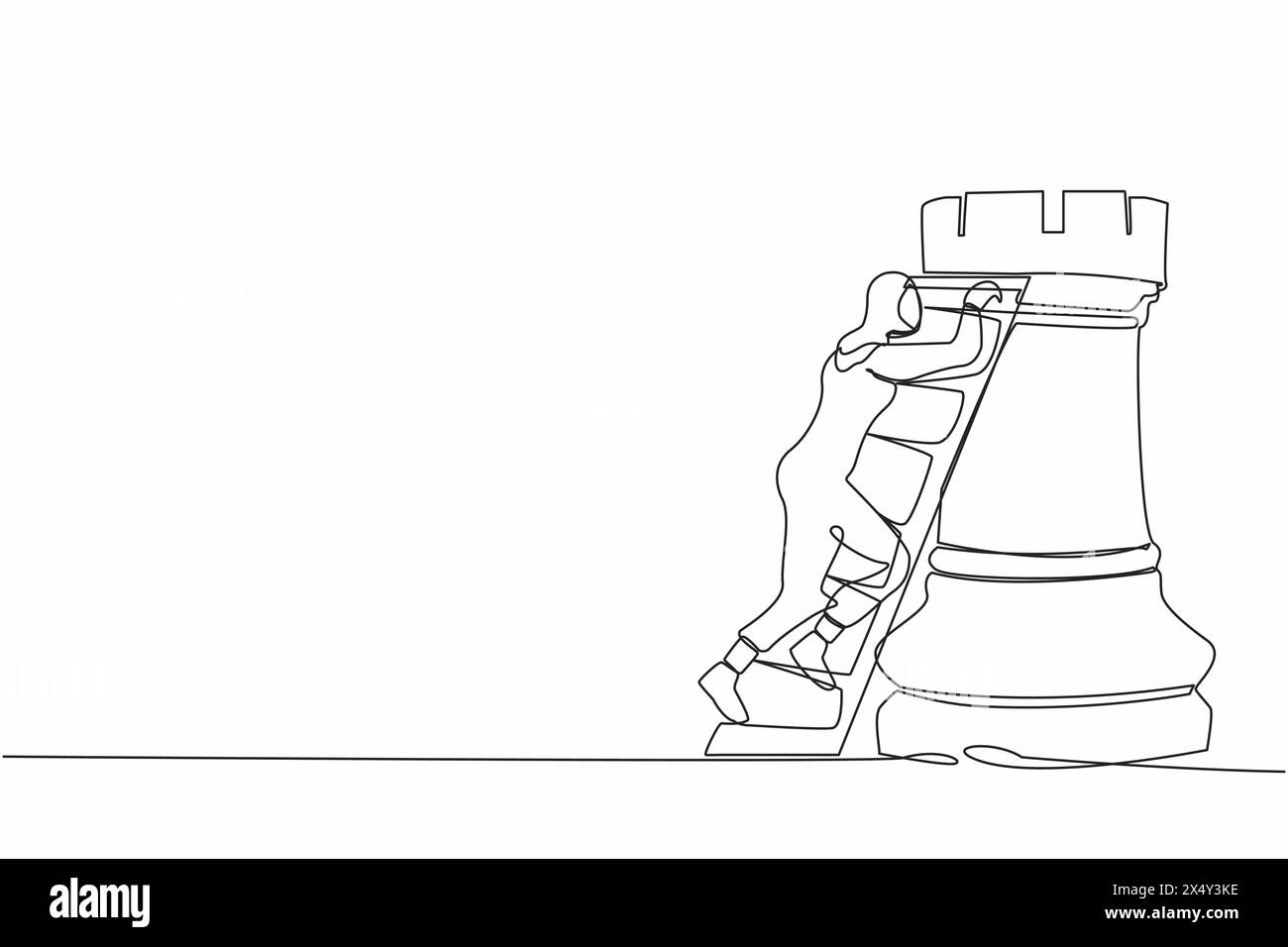 Single one line drawing brave Arabian businesswoman climb huge rook ...