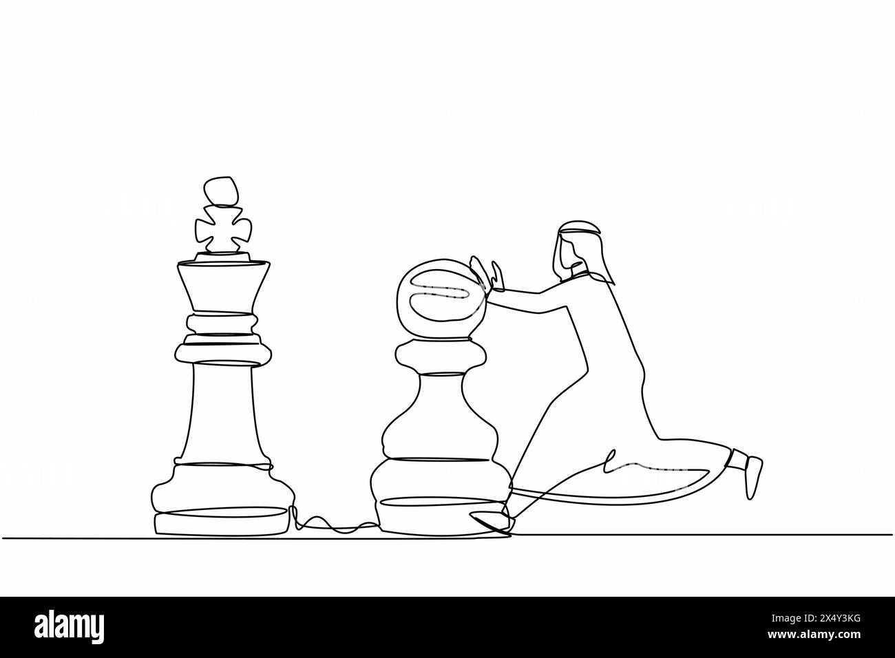 Continuous one line drawing intellect Arab businessman push huge pawn ...