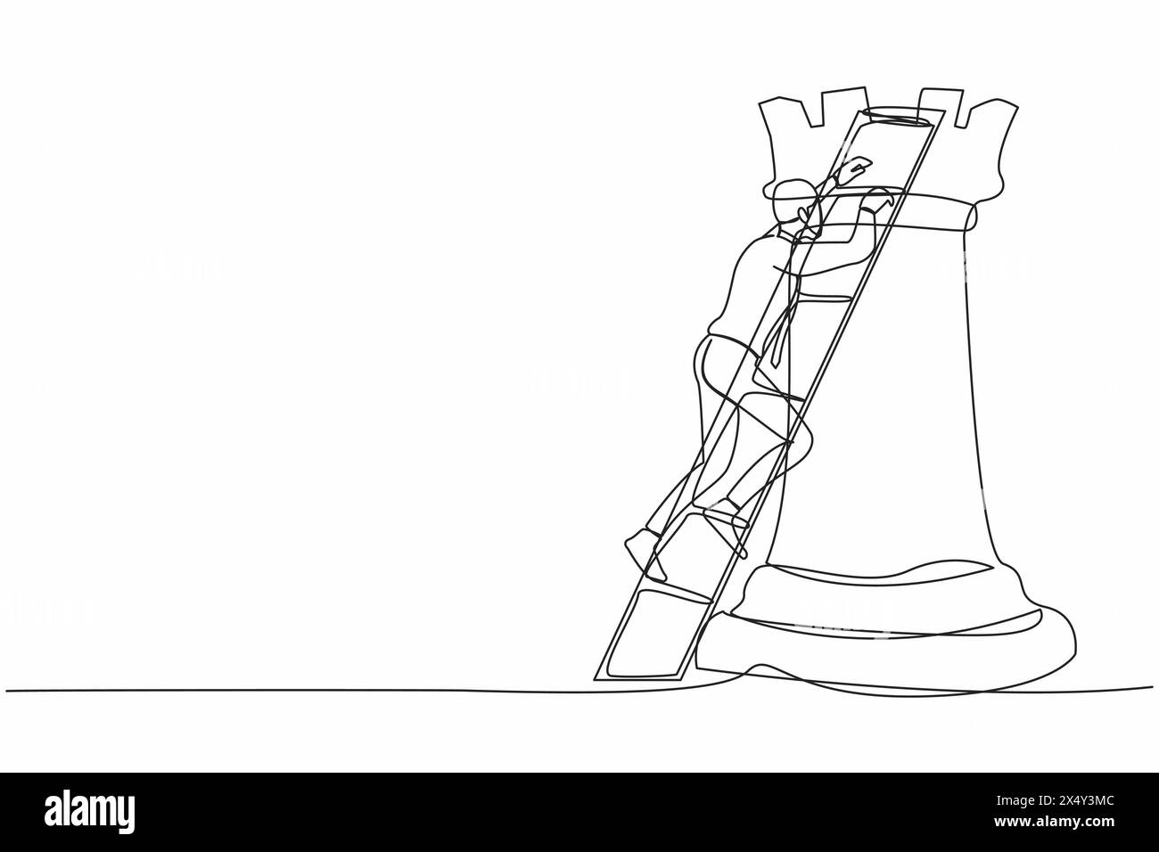 Continuous one line drawing active businessman climb huge rook chess ...