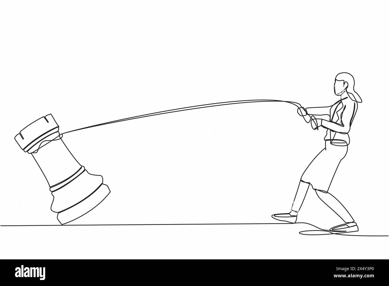 Single one line drawing young businesswoman pulling big rook chess with ...