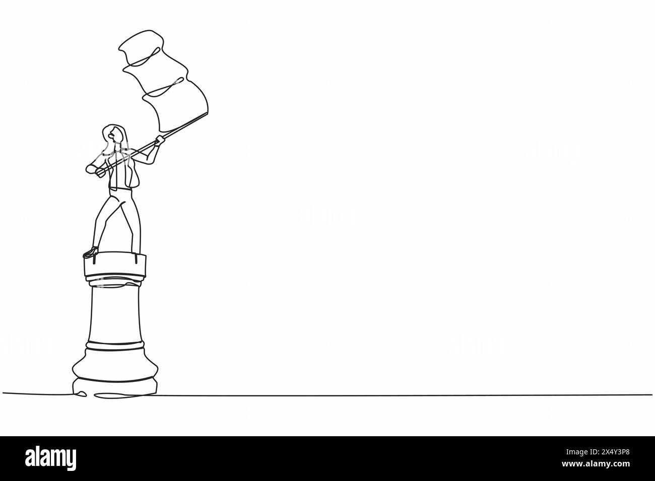 Single one line drawing businesswoman standing on top of big rook chess ...