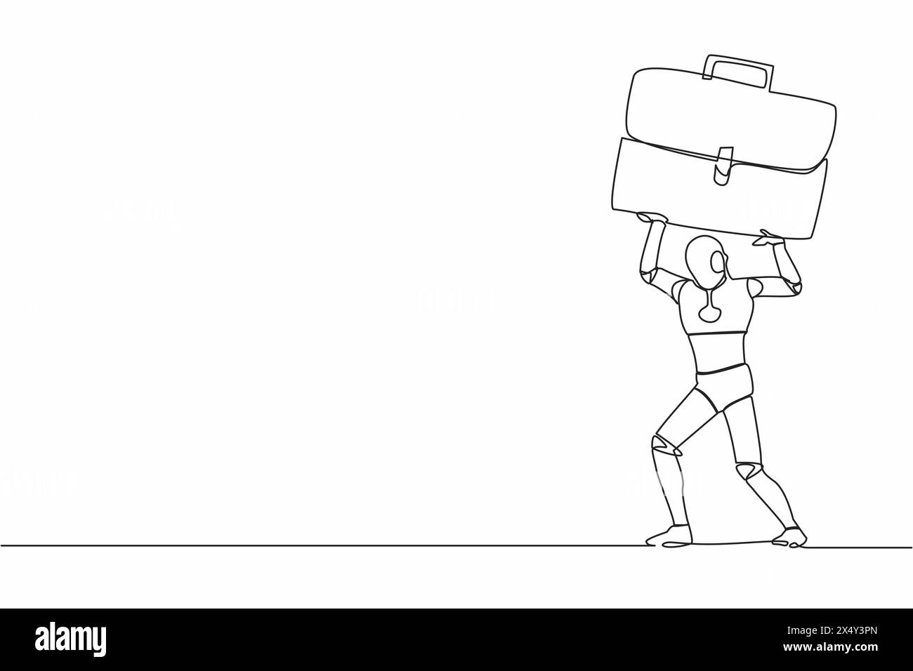 Single one line drawing of tired robot carrying heavy briefcase on his ...