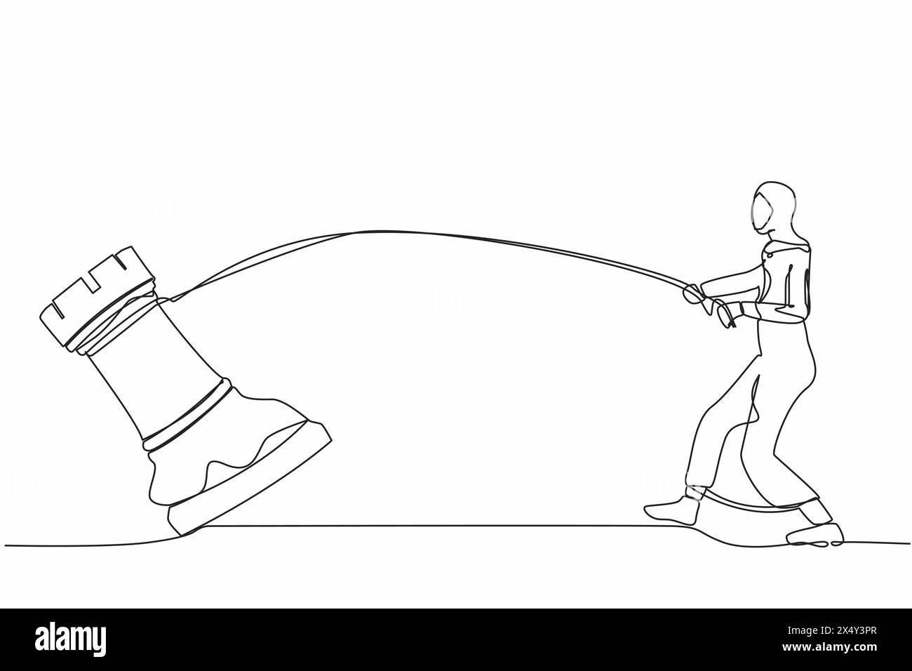Continuous one line drawing active Arab businesswoman pulling big rook ...