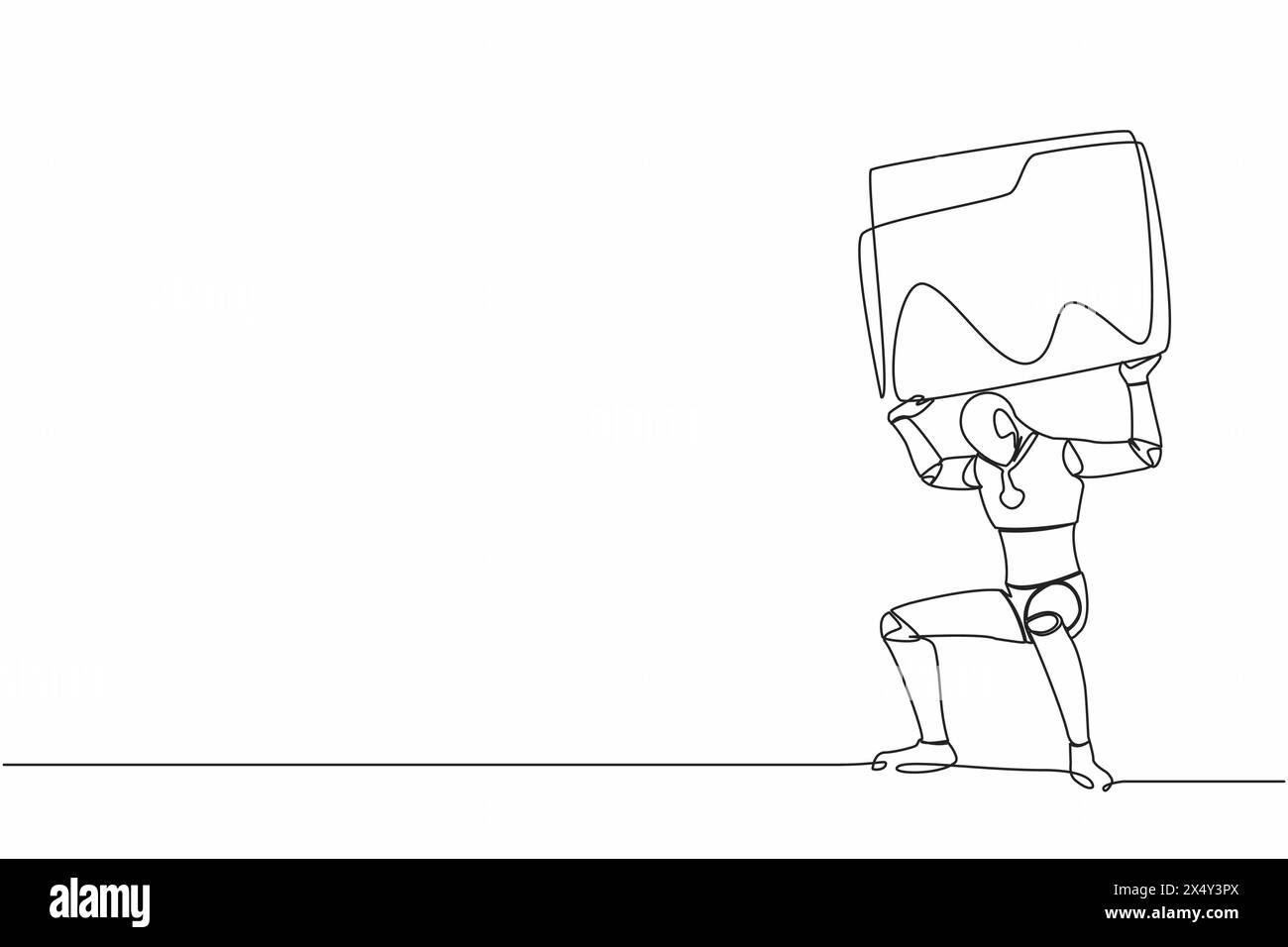 Single one line drawing tired robot carrying heavy folder icon on his ...