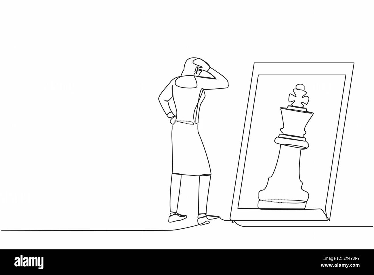 Single one line drawing young businesswoman standing in front of mirror ...