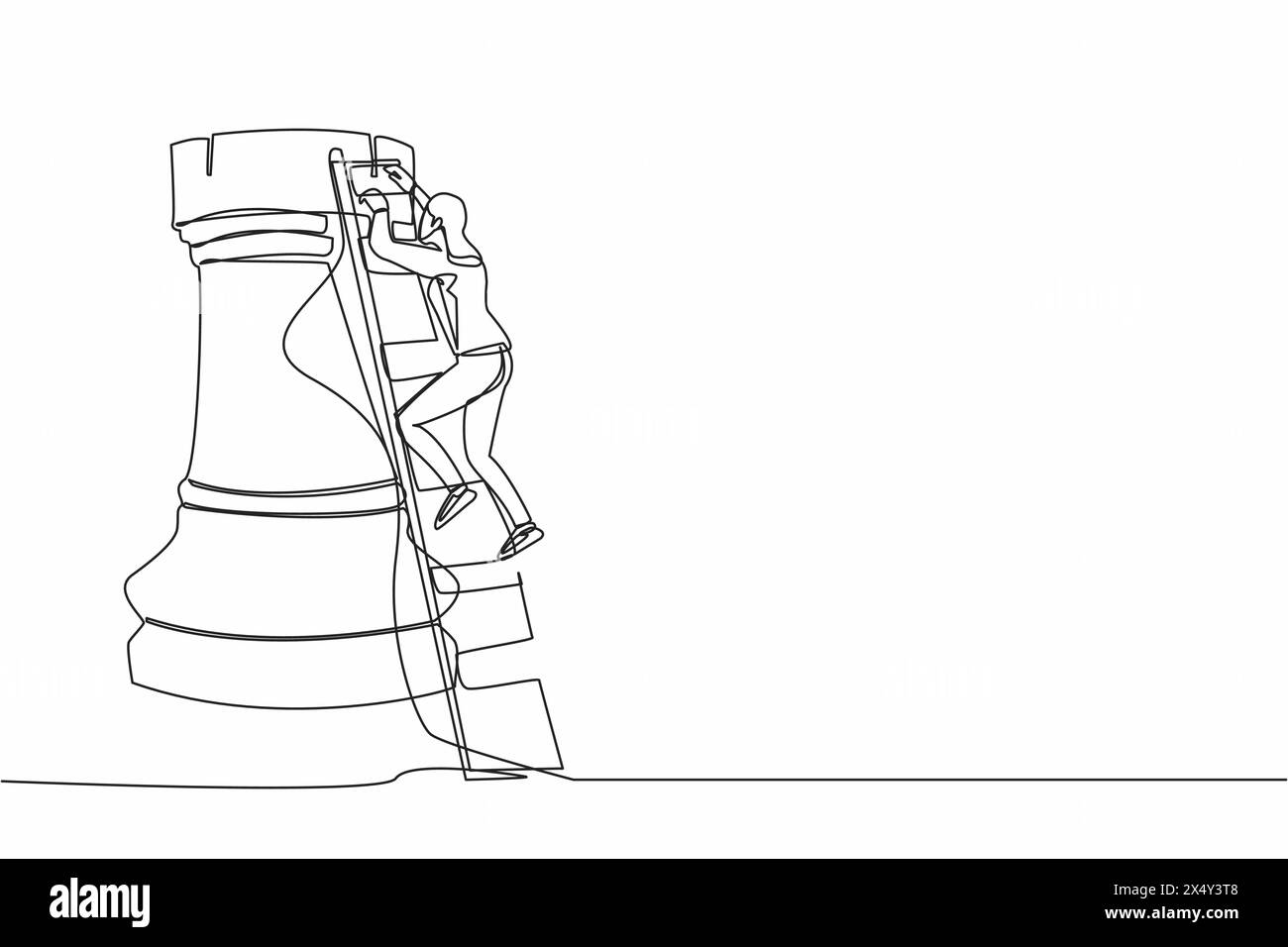 Continuous one line drawing beautiful businesswoman climb huge rook ...