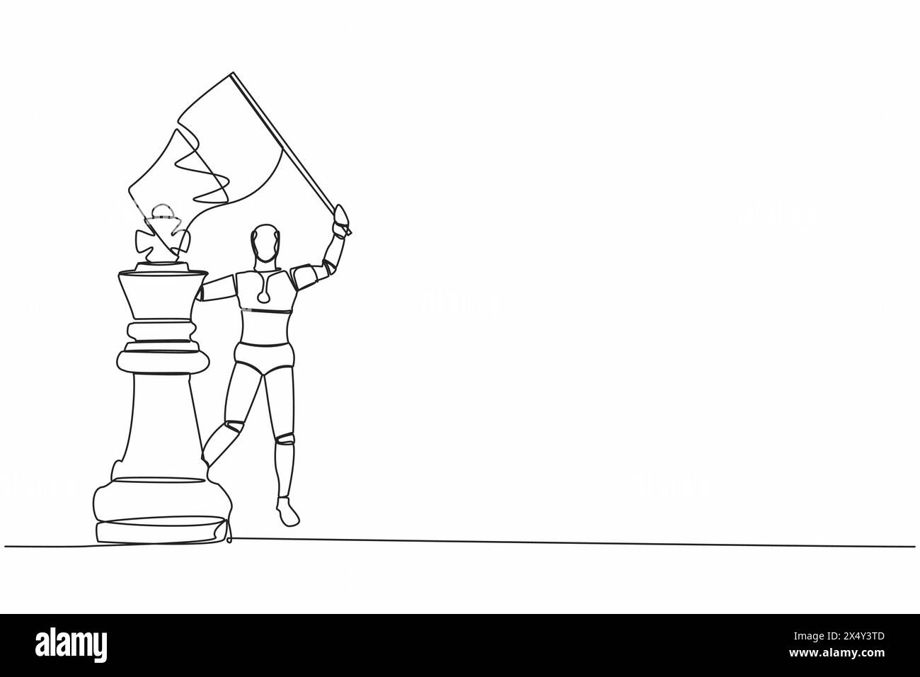 Continuous one line drawing robot waving flag on king chess piece ...
