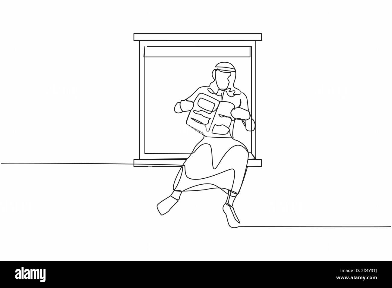 Single one line drawing relaxed Arab man sitting on windowsill and ...