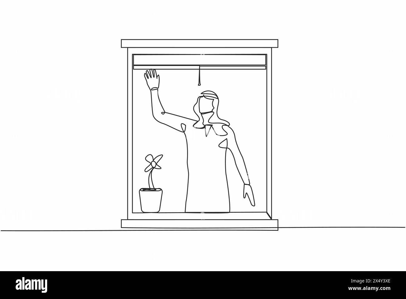 Single one line drawing Arab male waving at window as look like to ...