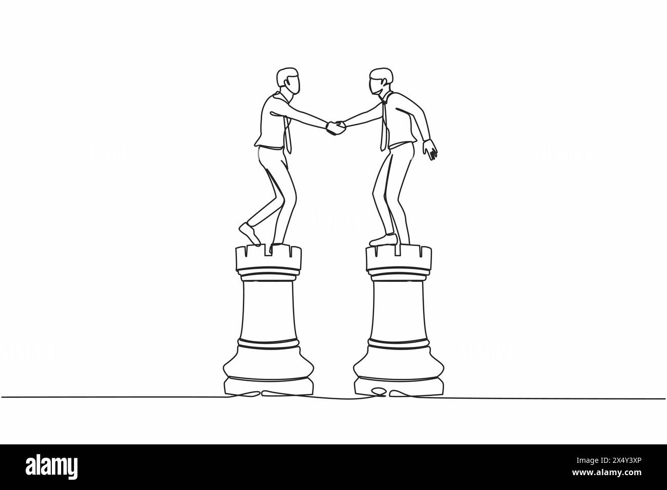 Single one line drawing businessman leader shaking hand on rook chess ...