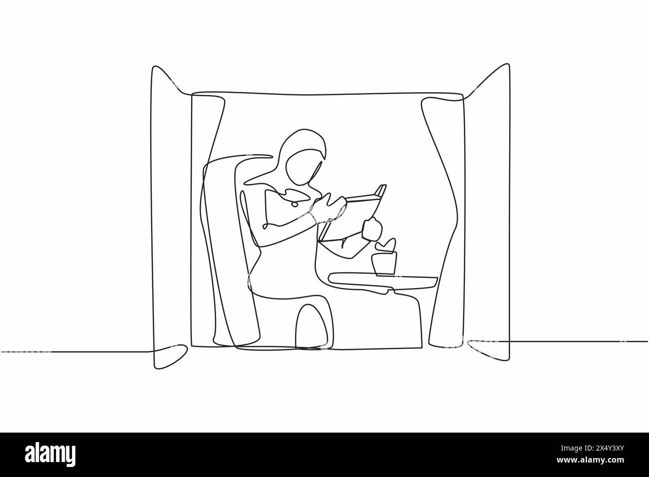Single continuous line drawing young Arab woman reading book ...