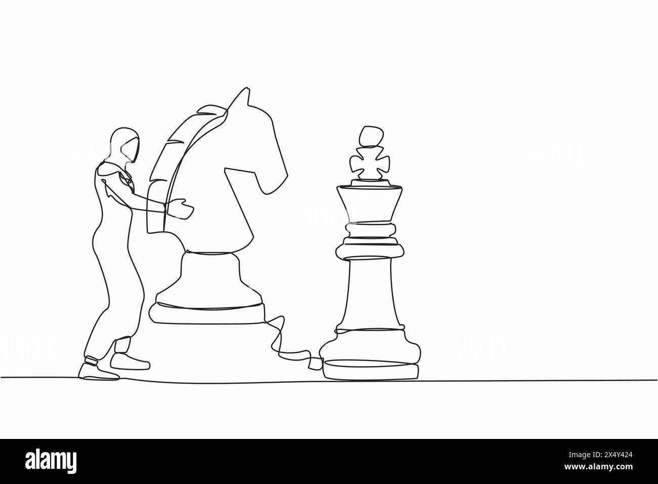 Single one line drawing Arab businesswoman holding horse chess piece to ...