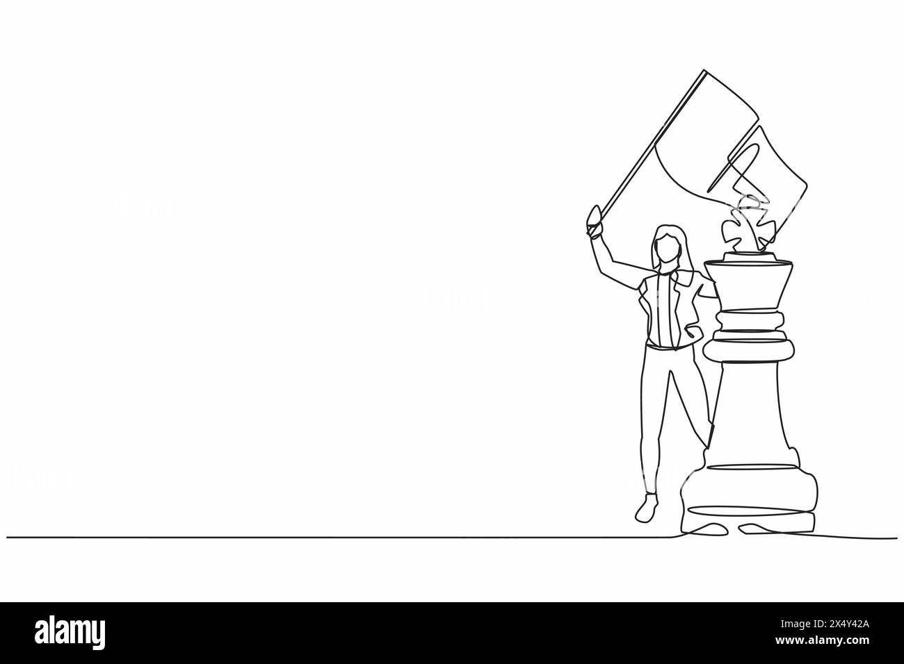 Single one line drawing businesswoman waving flag on king chess piece ...