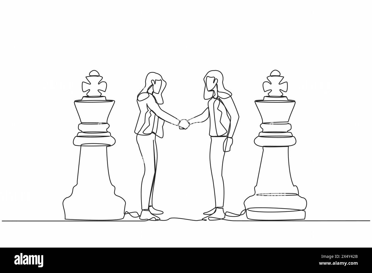 Continuous one line drawing two businesswomen shaking hands together ...