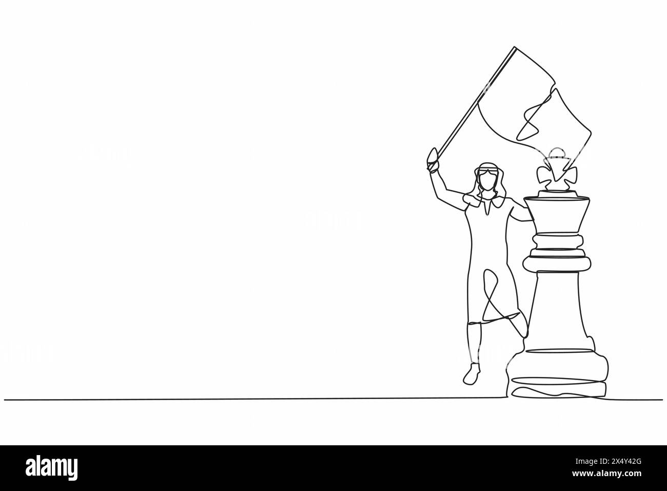 Single continuous line drawing Arabian businessman waving flag on king ...