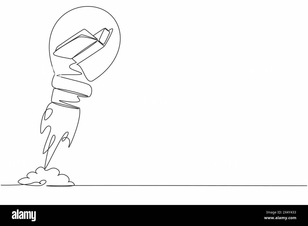 Single continuous line drawing open book launching with light bulb. Reading and learning power ...