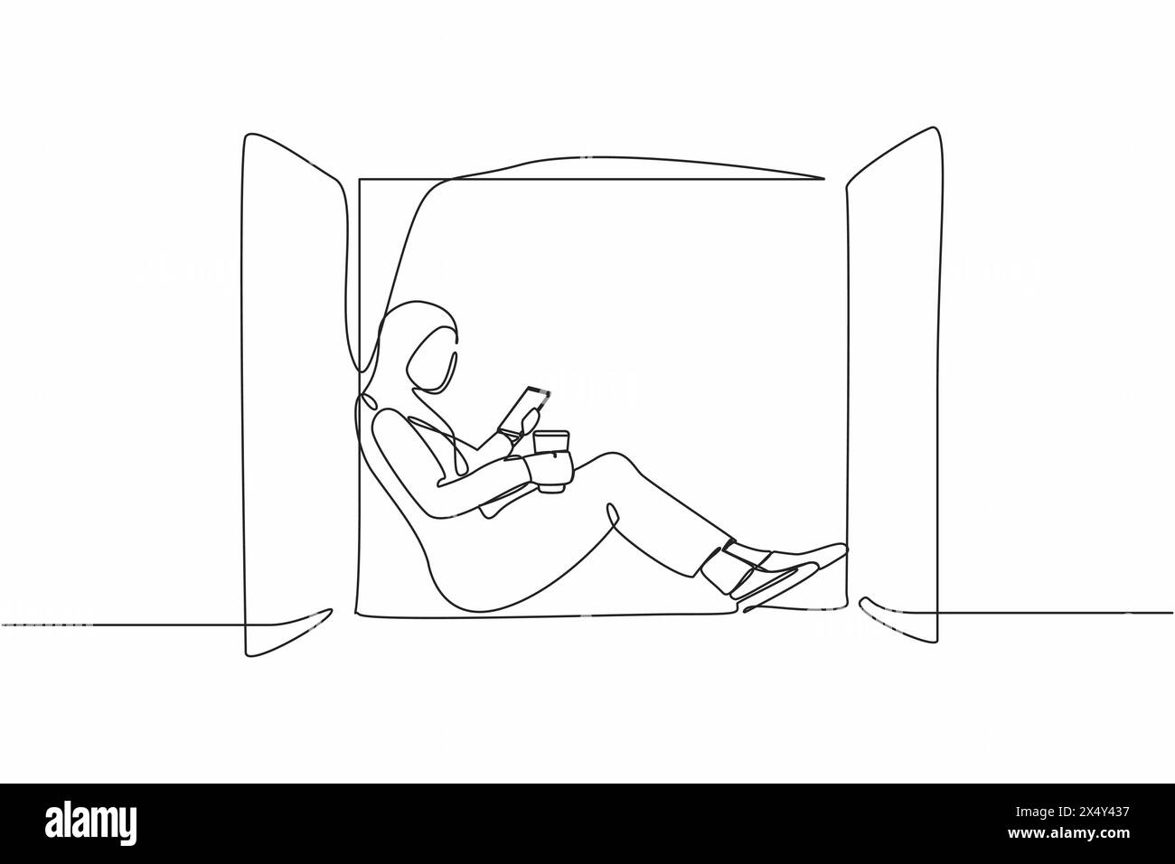 Continuous one line drawing Arab woman sitting on windowsill with ...