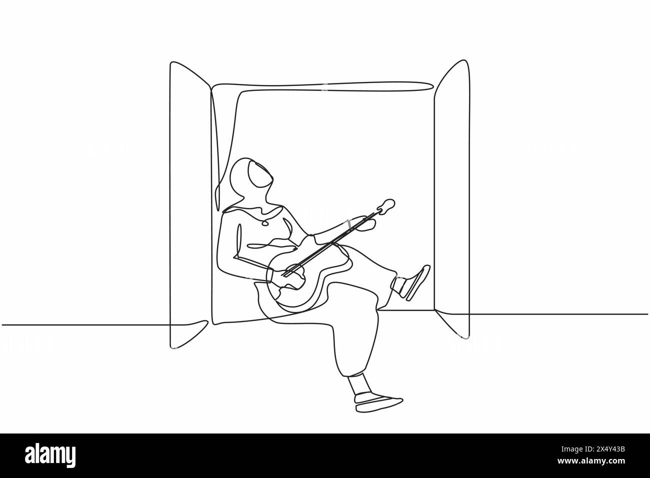 Continuous one line drawing Arabian woman sitting on windowsill and ...