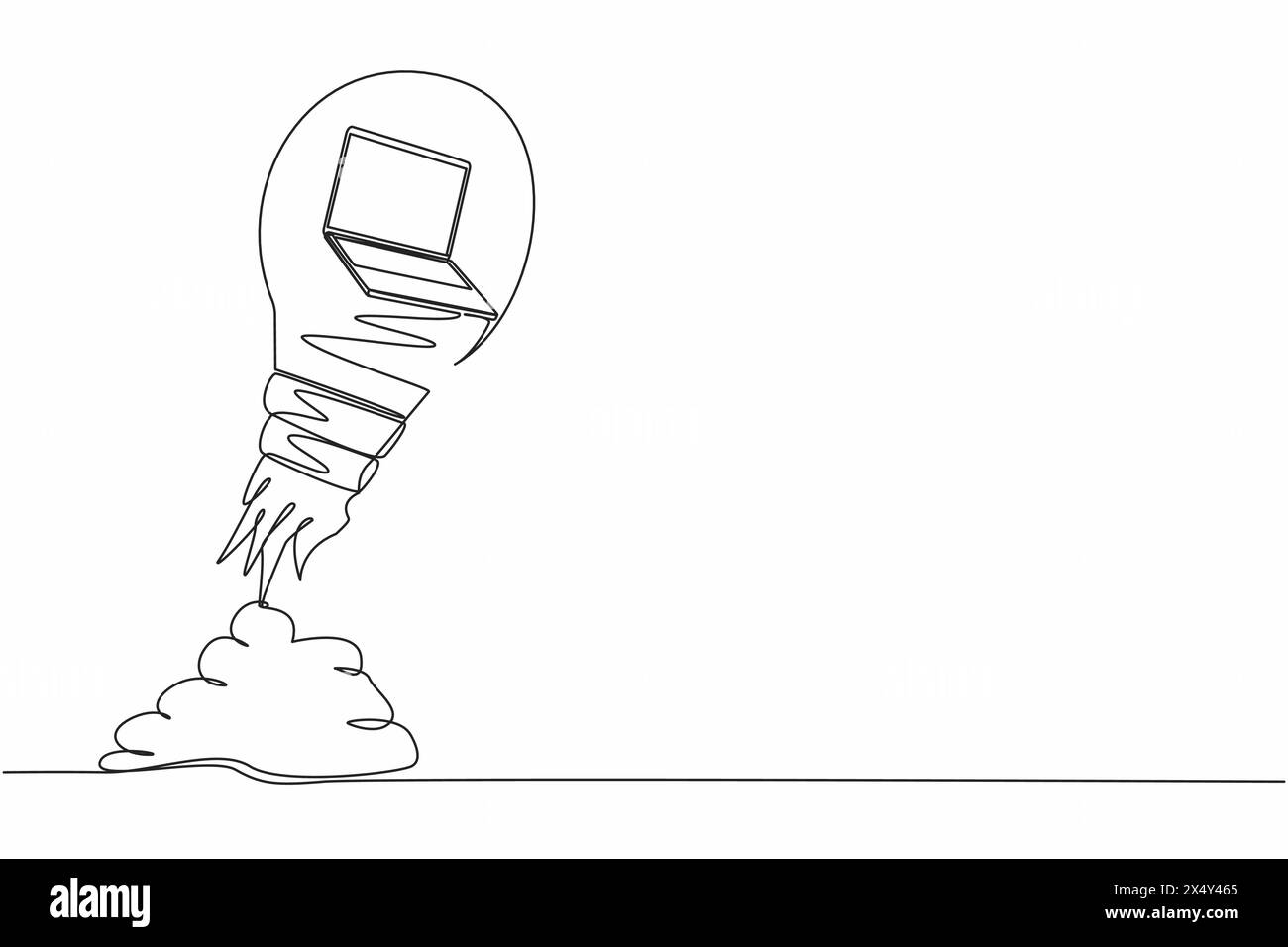 Single one line drawing laptop launching with light bulb. Business ...