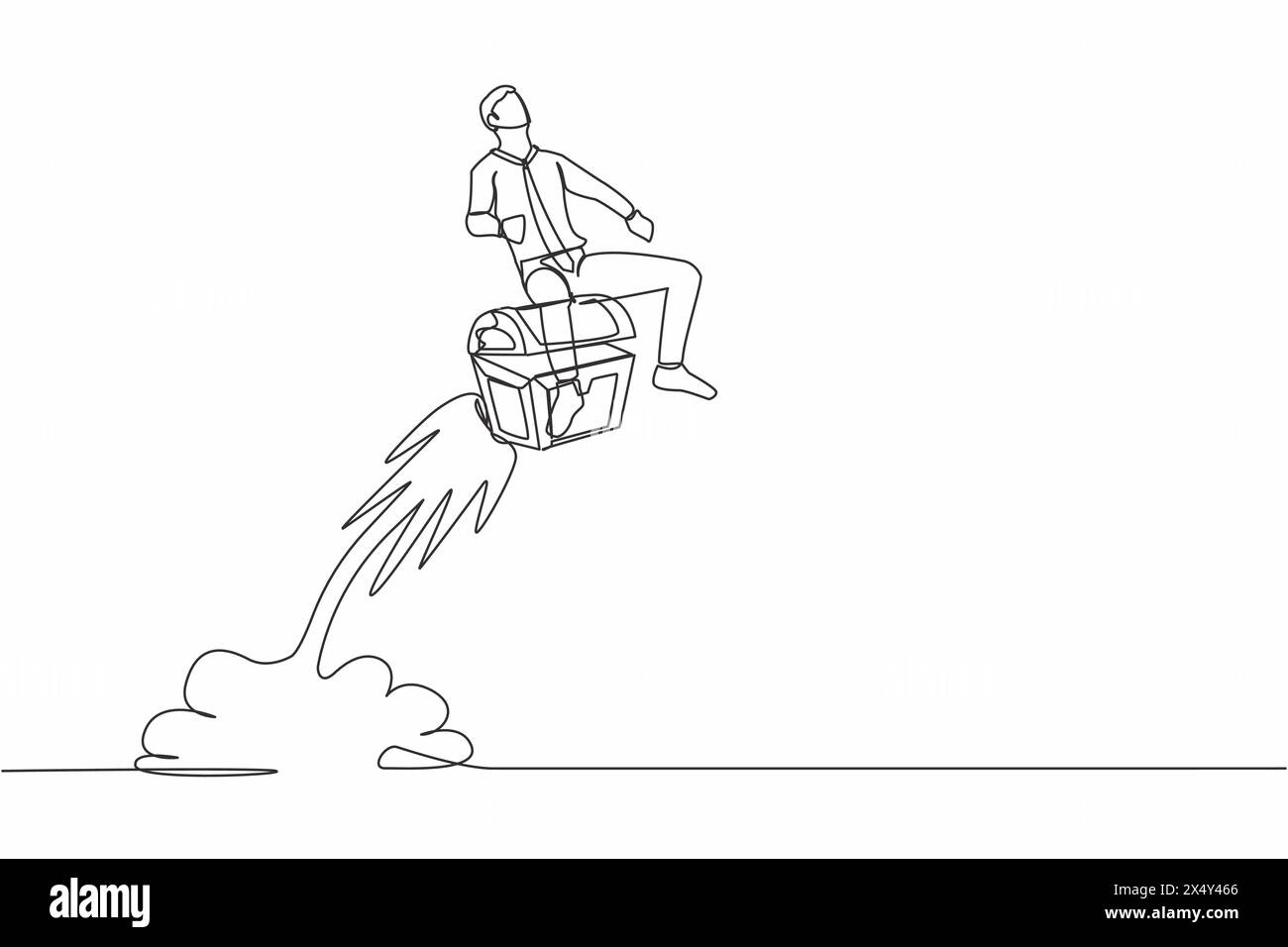 Single one line drawing businessman riding treasure chest rocket flying ...