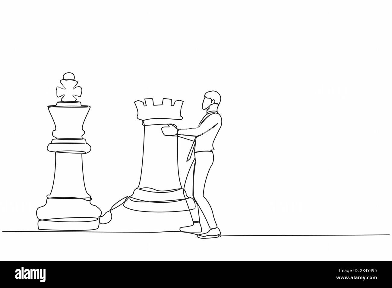 Single continuous line drawing businessman holding rook chess piece ...