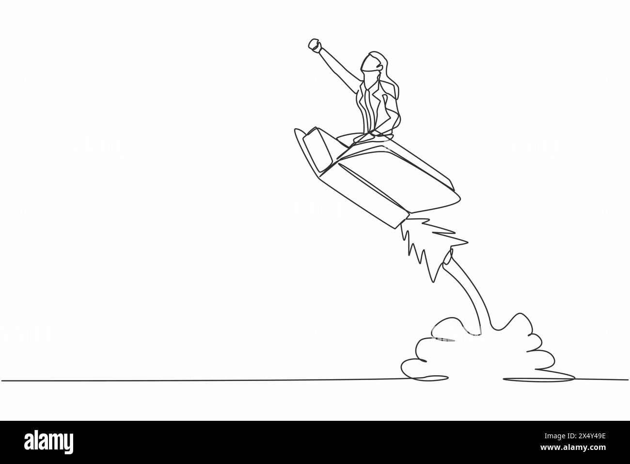 Single continuous line drawing businesswoman riding open book rocket ...