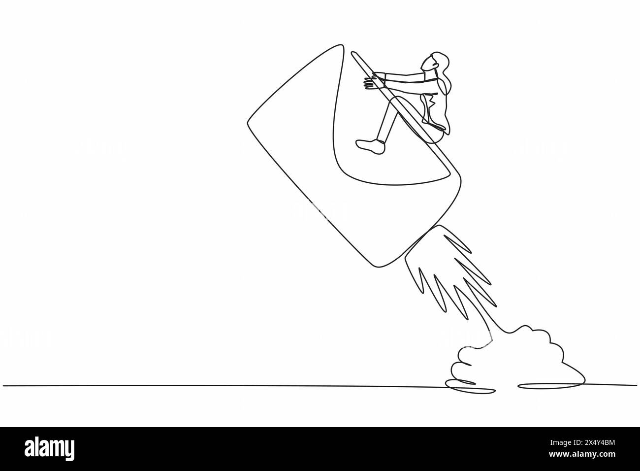 Single one line drawing businesswoman riding paper envelope rocket ...