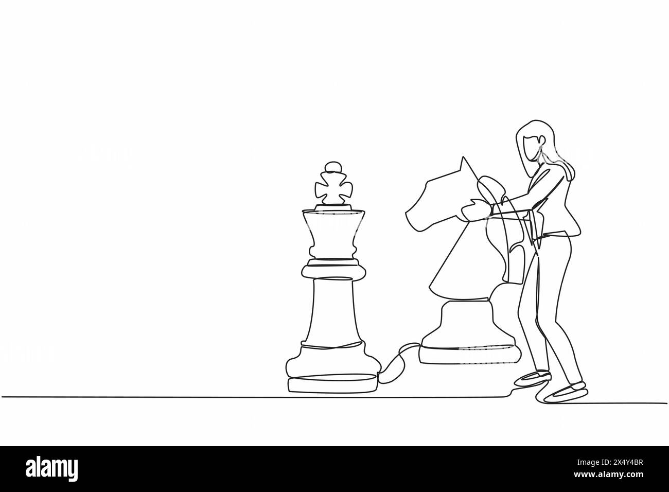 Single one line drawing businesswoman holding horse chess piece to beat ...