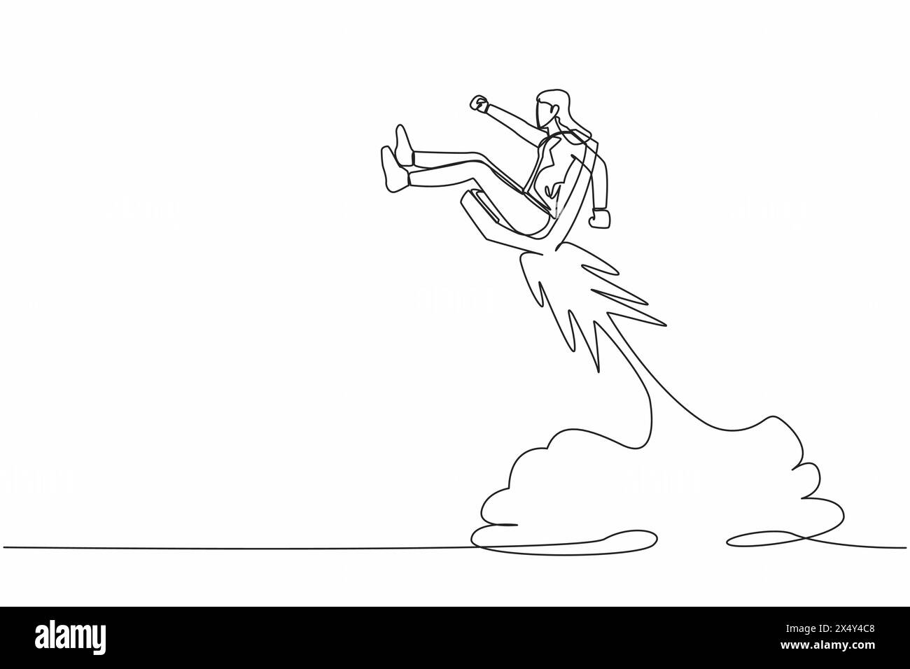 Continuous one line drawing businesswoman riding office chair rocket ...