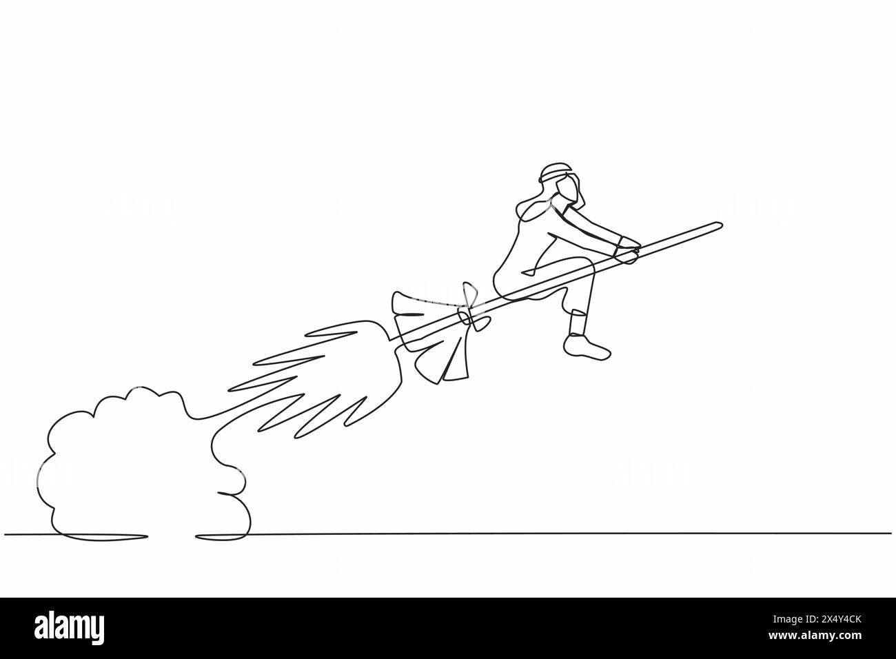 Continuous one line drawing Arab businessman riding broom rocket flying ...