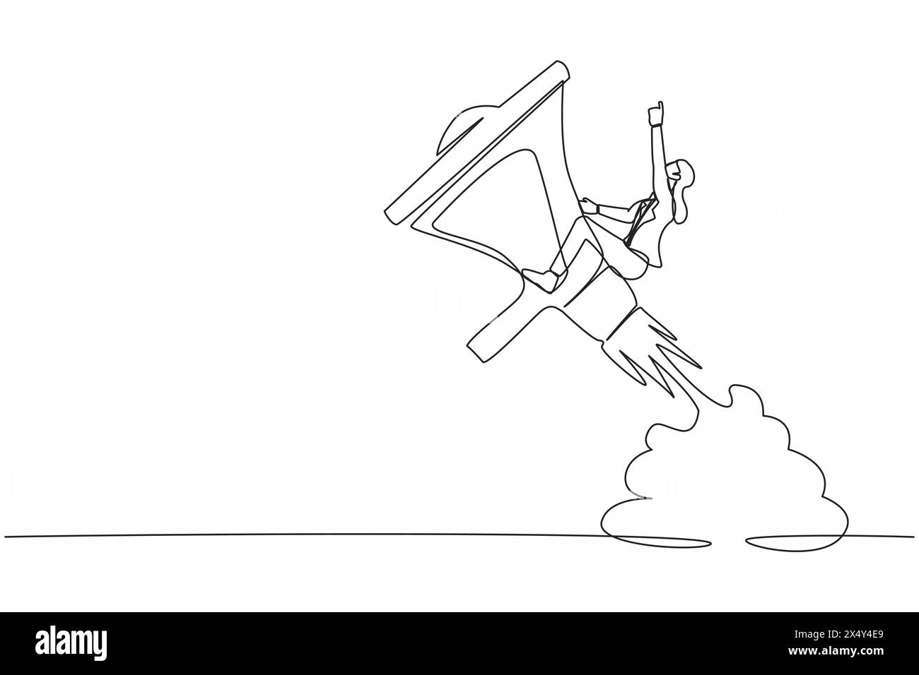 Continuous one line drawing businesswoman riding megaphone rocket ...