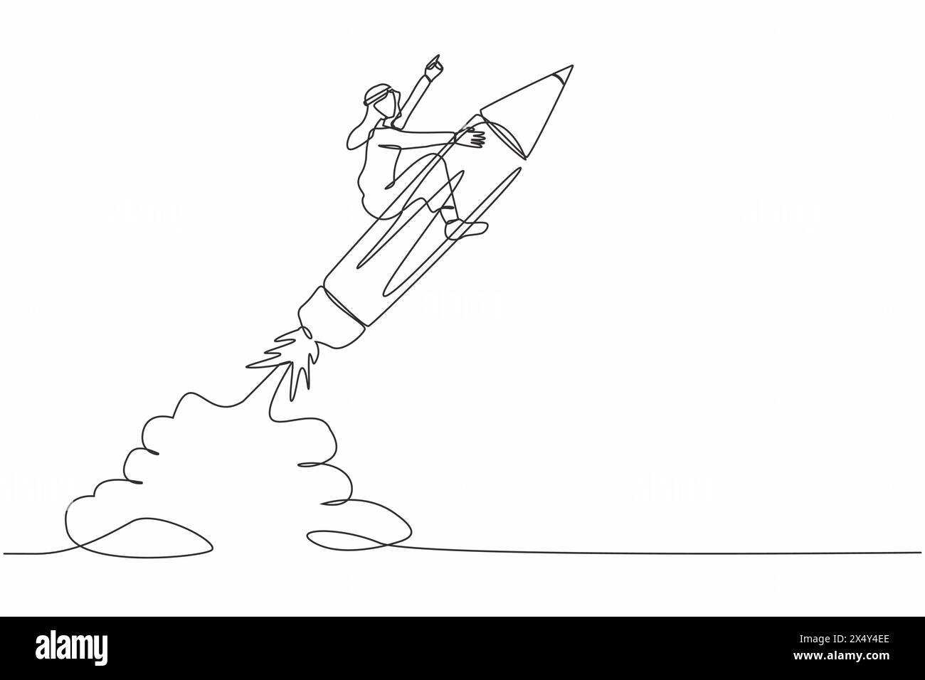 Single one line drawing young Arabian businessman riding pencil rocket ...