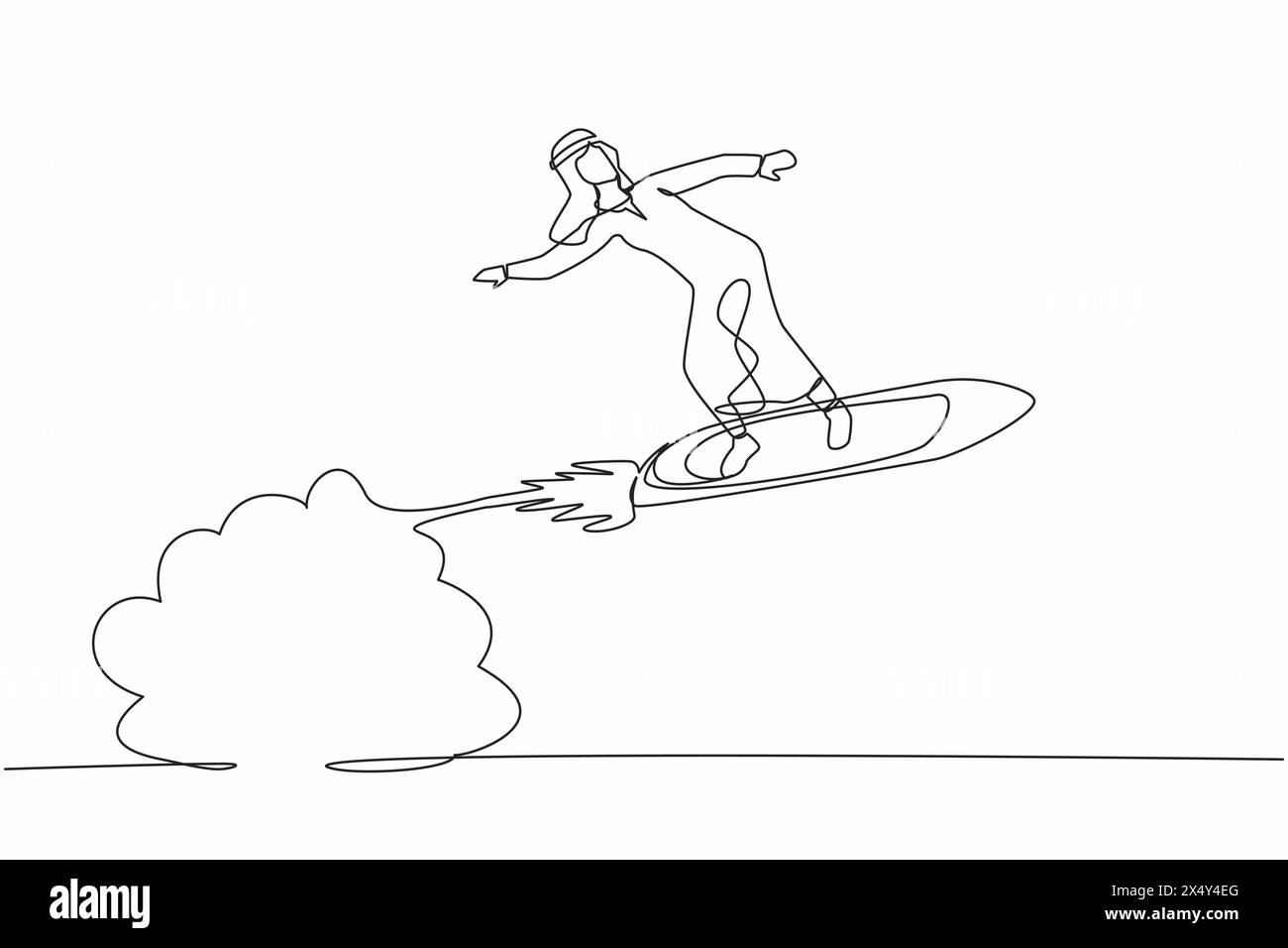 Single one line drawing Arabian businessman riding surfing board rocket ...